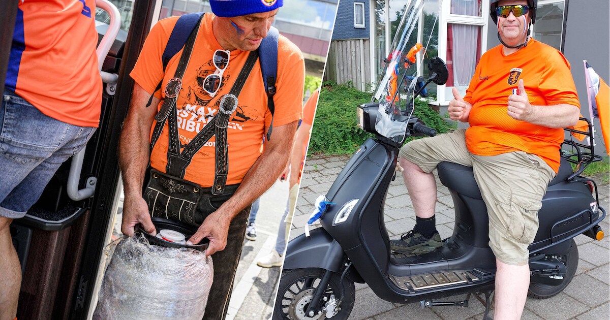 Oranjegekte in Twente: bus met Twents bier op weg naar Dortmund, toeter ...