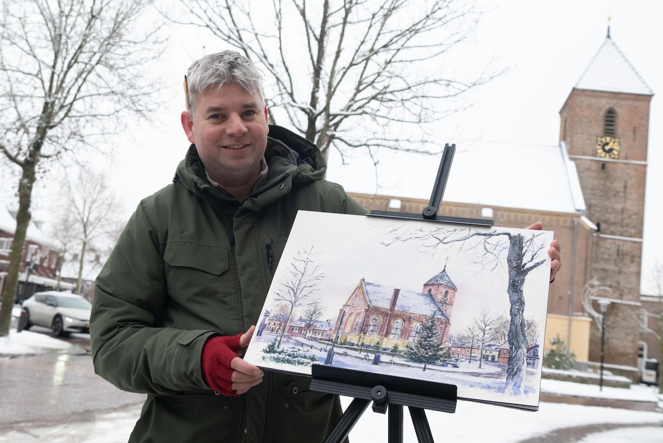 Ron schildert besneeuwde kerk in Heino, maar dan bevriest zijn verf ...